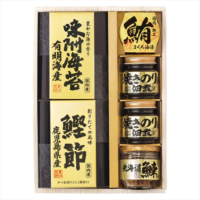 ■商品紹介：シリーズ累計販売250万セット突破! 北海道産の鰊フレーク、小豆島で製造された焼き海苔入りの佃煮、鹿児島県産鰹節など選りすぐりの逸品を詰合せた和風ギフトです。 ■商品内容：セット内容/焼きのり入佃煮（85g）×2、まぐろ油漬け（...