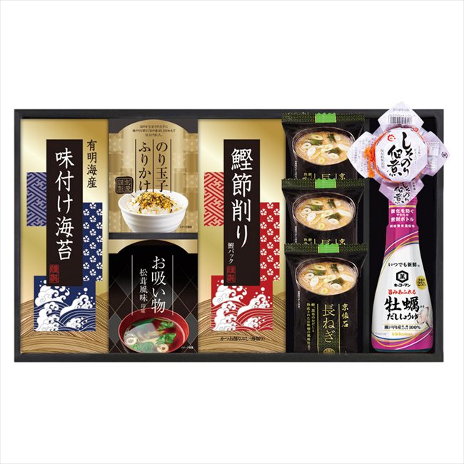 ■商品紹介： ■商品内容：セット内容/マルコメ京懐石長ねぎのおみそ汁（15.7g）×3、有明海産味付海苔（3切4枚）・のり玉子ふりかけ（4.5g×2袋）・永谷園お吸いもの松茸風味（2.3g×4袋）・鰹節削り（2g×4袋）・島の香しそのり佃煮...