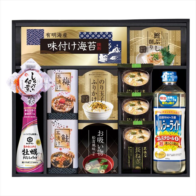 ■商品紹介： ■商品内容：セット内容/マルコメ京懐石長ねぎのおみそ汁（15.7g）×3、有明海産味付海苔（3切4枚）・鰹ぶし削り（2g×2袋）・島の香しそのり佃煮（80g）・梅茶漬け（4.3g×2袋）・鮭茶漬け（4.7g×2袋）・のり玉子ふ...