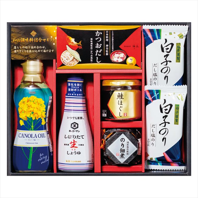 ■商品紹介：ミシュランが認める日本料理店「神谷」監修の味をご家庭でもおたのしみください ■商品内容：セット内容/白子だし塩のり（8切5枚）×2、鮭ほぐし（50g）・のり佃煮（80g）・かつおだし（4g×8袋）・キッコーマン しぼりたて生?油...