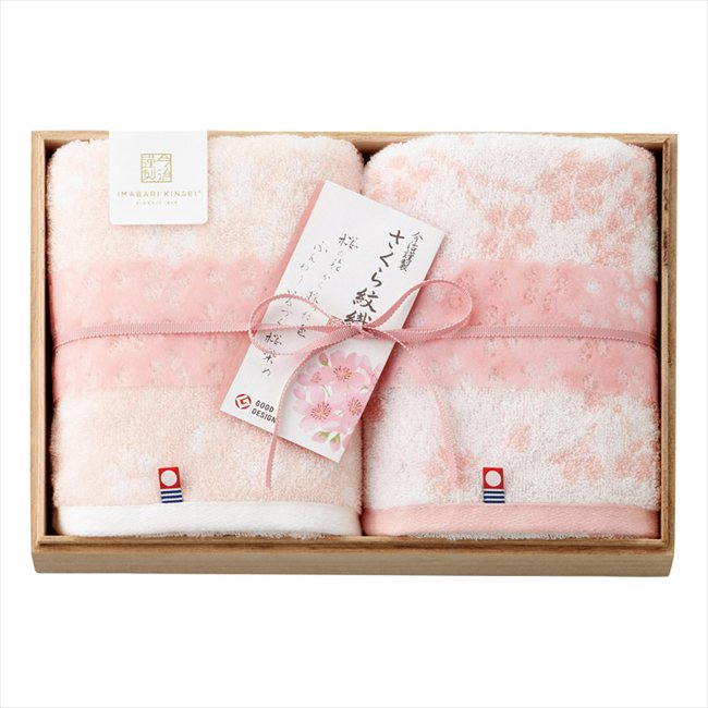 ■商品紹介：古来より人々の心に根ざす桜の花。「今治謹製 さくら紋織」は、今治産のやわらかなタオルを桜の花びらから採った染料で、上品な桜色に染め上げました。パイルには、甘く撚った糸を使用することにより、柔らかな風合いを実現しました。ふんわり柔...