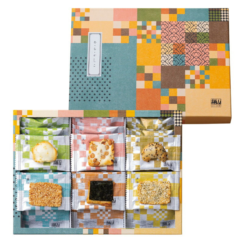 ■商品紹介：箱根地方の伝統工芸・寄木細工をアレンジしたモダンでカラフルなパッケージは、カジュアルながらも高級感があり、様々な手土産に最適です。中には一口サイズのおかきを6種類詰め合わせました。 伝統工芸・寄木細工をアレンジしたモダンでカラフ...