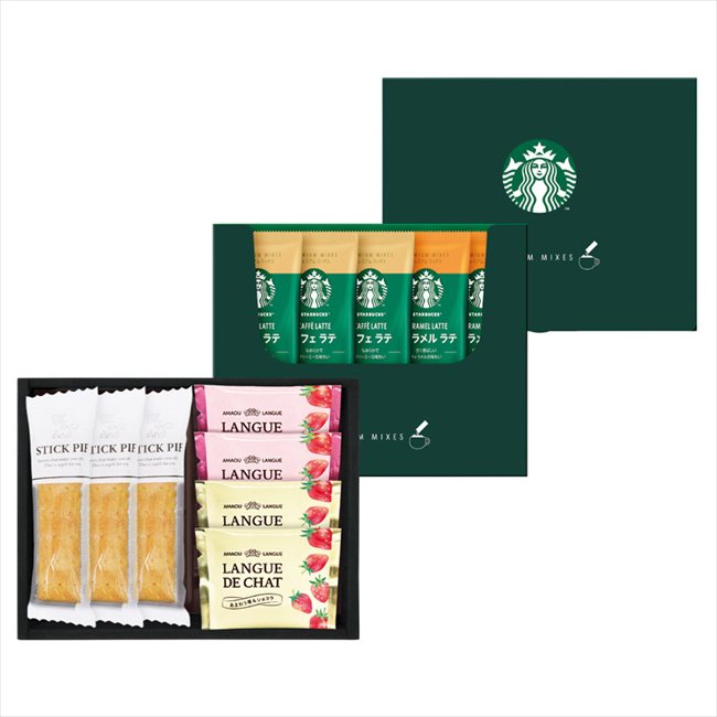 ■商品紹介：スターバックスコーヒーギフトと、お菓子のセットでワンランクアップのひとときを。スターバックスの香り高いコーヒーを手軽に楽しめるドリップタイプのセット。焼き菓子とともにあの方へ。 ■商品内容：カフェラテ（18g）・スティックパイ（...