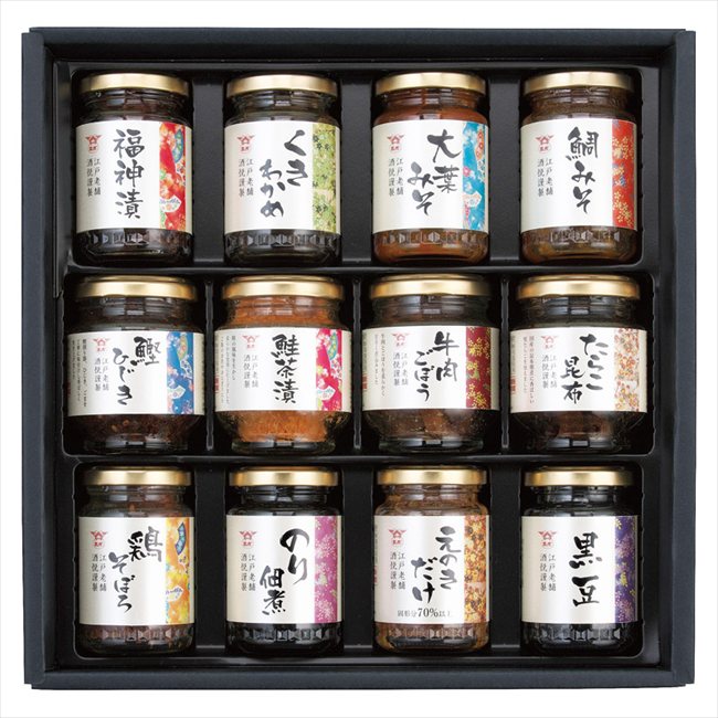 ■商品紹介：海の幸、山の幸をバラエティー豊かに詰め合わせしました。 ■商品内容：鯛みそ・黒豆・大葉みそ（各100g）・のり佃煮（95g）・福神漬・えのきだけ（各90g）・くきわかめ（75g）・鮭茶漬（60g）・牛肉ごぼう（55g）・鶏そぼろ...