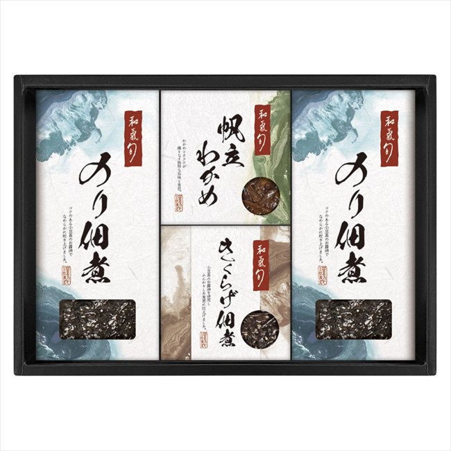 ■商品紹介：日本橋に和みの空間を設え、店名どおり、多彩な“旬”食材を活かした料理を披露しつづける「和氣 旬」監修の佃煮ギフト ■商品内容：のり佃煮（65g）×2、きくらげ（40g）・帆立わかめ（30g）×各1 ■パッケージサイズ：19.5×...