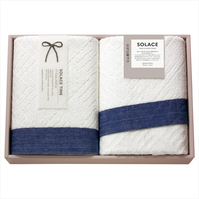 ■商品紹介：暮らしに寄り添い安らぎの時間を届ける安心の日本製タオル デニムのようなネイビーの差し色がおしゃれで凹凸感のあるテキスタイルパターンで仕上げた爽やかなタオルはコットンのシャリ感が心地よく乾きやすいので毎日使いたいタオルです。 ■商...