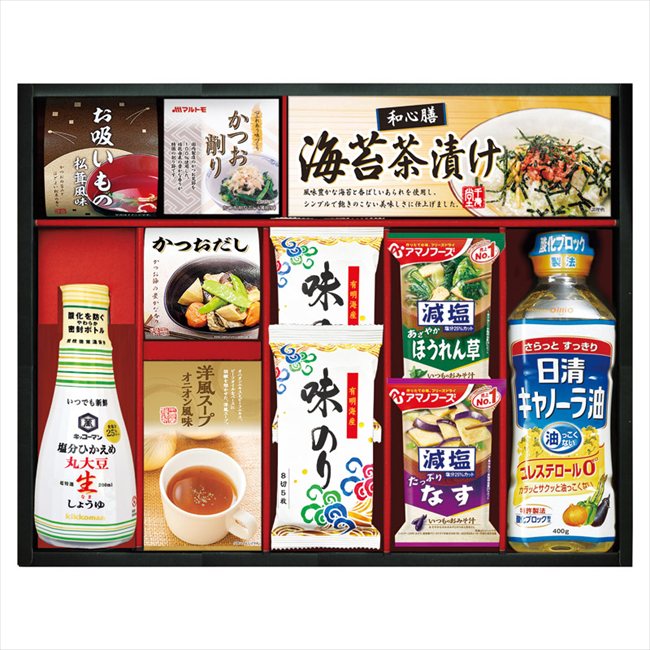 ■商品紹介：ご家庭で大活躍のアイテムをそろえたバラエティ豊かな詰合せギフトです ■商品内容：有明海産味のり（8切5枚）×2、日清キャノーラ油（400g）・アマノフーズ減塩いつものおみそ汁（なす）（9g）・アマノフーズ減塩いつものおみそ汁（ほ...