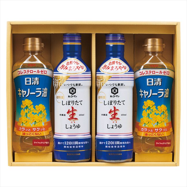 ■商品紹介： ■商品内容：日清キャノーラ油（350g）・キッコーマンいつでも新鮮しぼりたて生しょうゆ（450ml）×各2 ■パッケージサイズ：25.5×30.5×7.5cm ■賞味期限（ある場合）：常温1年6ヶ月 メーカー希望小売価格はメー...