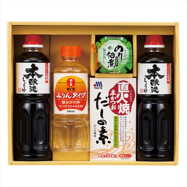 ■商品紹介： ■商品内容：サンビシ本醸造しょうゆ（500ml）×2、日の出割烹みりんタイプ（400ml）・島乃香のり佃煮（80g）・マルトモ直火焼本かつおだしの素（4g×10袋入）×各1 ■パッケージサイズ：25.5×30.5×7.5cm ...