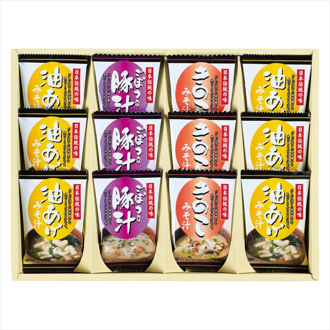 ■商品紹介：凍結乾燥の技術でお湯を注ぐだけでおいしさそのままのお味噌汁詰合せ。油揚げとわかめを使い、和風だしを効かせた定番の味噌汁（油揚げ）。3種のきのこを使い、米みそと豆みそをブレンドした風味豊かな味噌汁（きのこ）。豚肉と野菜の旨味にごぼ...