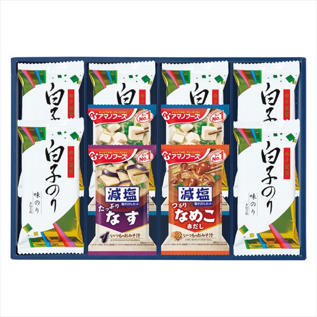 ■商品紹介：アマノフーズの減塩タイプみそ汁と白子のり味のりを詰合せました。 アマノフーズの減塩タイプみそ汁と白子のり味のりを詰合せました。 ■商品内容：白子のり味のり（8切5枚入）×6、減塩いつものおみそ汁（とうふ10.3g×2）、減塩いつ...