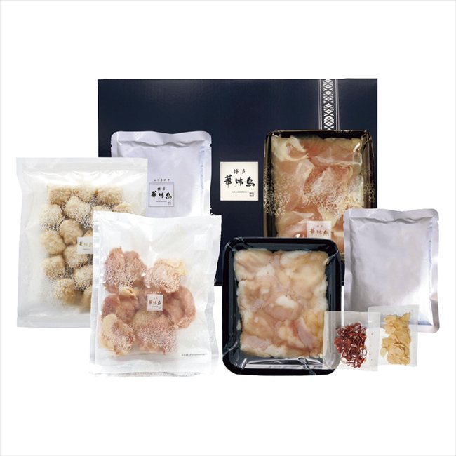 ※商品はお取り寄せとなりますのでご注意ください ■商品説明： ■商品内容: 水たき凝縮スープ200g×1、華味鳥切り身200g×1、華味鳥つくね200g×1、もつ鍋スープ醤油（凝縮）200g×1、牛小腸200g×1、鶏はらみ100g×1、に...