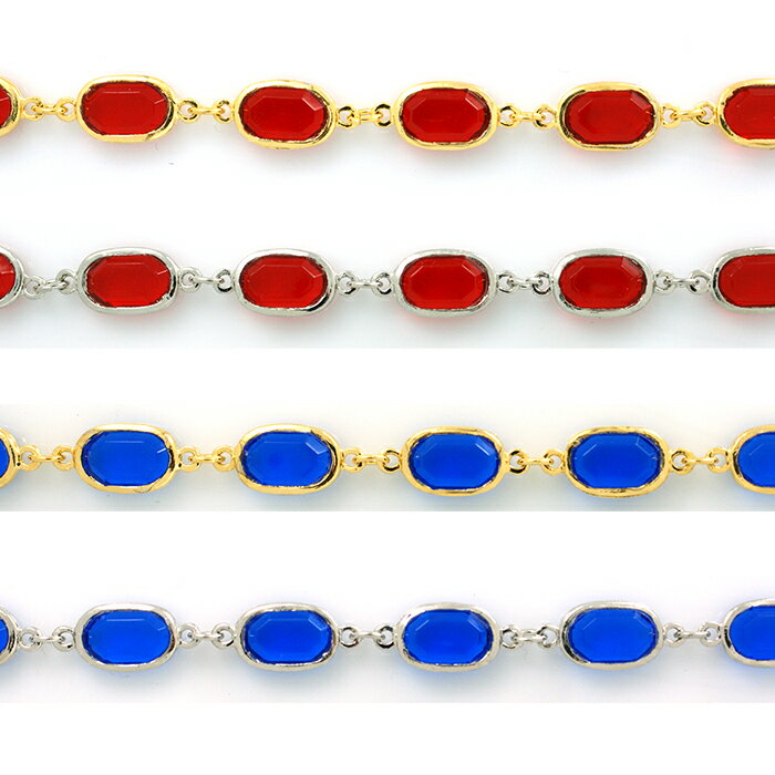 プラスチック製のストーンをメタルフレームで囲み、繋げたチェーンです。 光に当たるとストーンがキラキラと輝いて綺麗です。 【サイズ】ストーン部：約8.5×13mm、接続部：約3×7mm 【カラー】レッド(ゴールド)、レッド(ロジウムカラー)、...