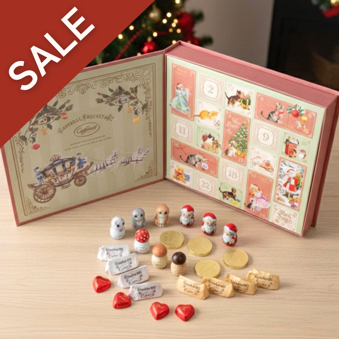 【チョコレートブック】 心温まるクリスマスの物語ーかわいいうさぎやリス、猫達がクリスマスツリーに集まっている賑やかなシーンが描かれています。 中にはカファレルを代表するジャンドゥーヤをはじめ、サンタやキノコ、キャットのホイルチョコレートなど...