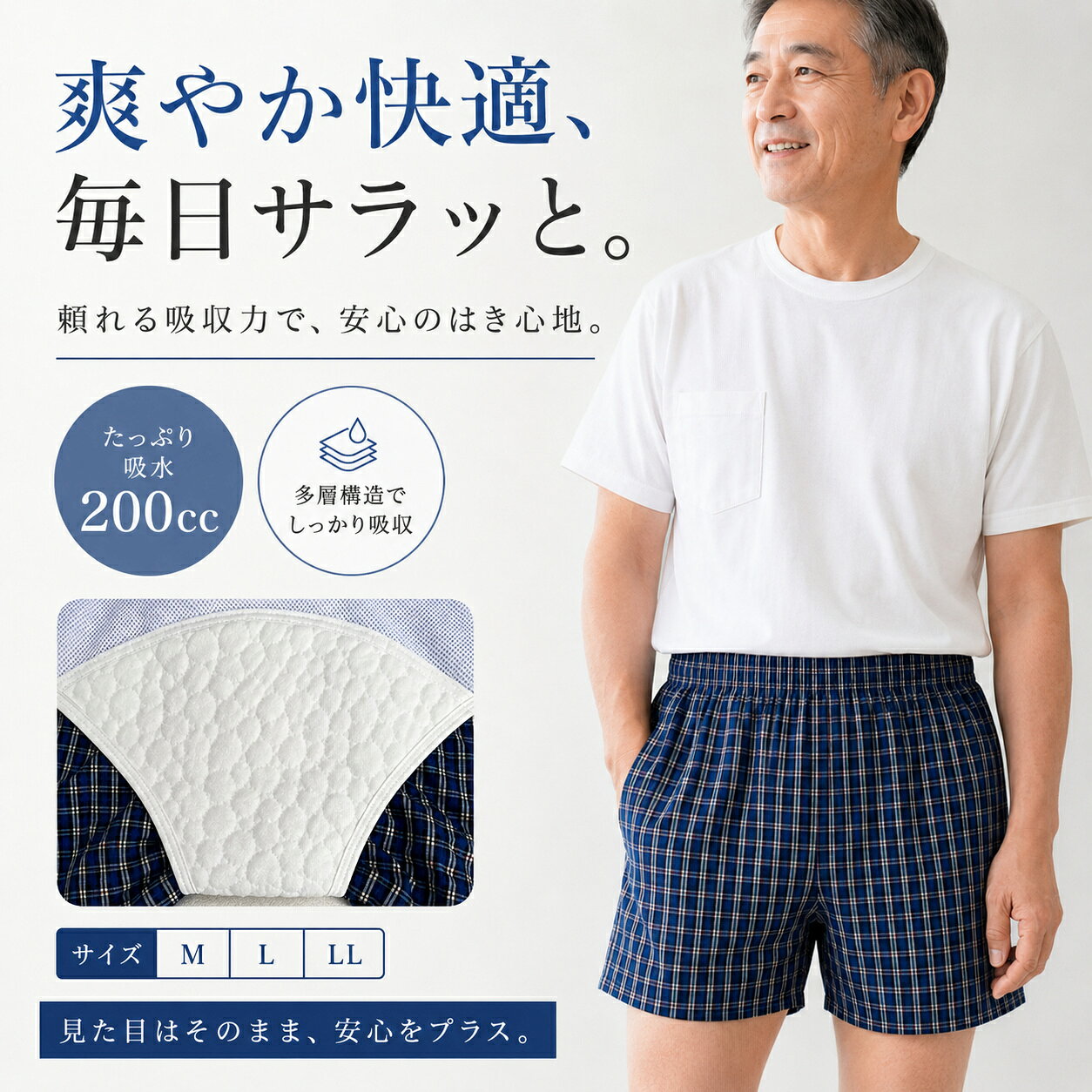 商品詳細: ■関連キーワード 快適ボクサーパンツ 吸水性と消臭性に優れたポリマー繊維と通気性に優れた「透湿防水フィルム」を使用した消臭パンツです。ちょっとした瞬間の尿漏れも安心です。 吸水パッドが目立たないデザインで、とってもお洒落！ 快適...