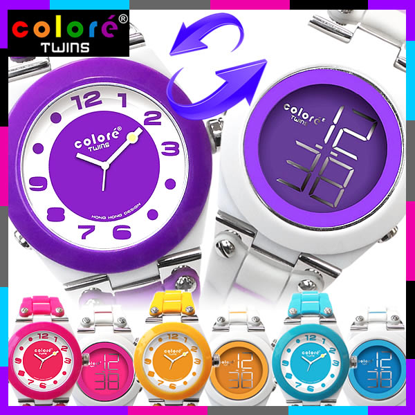 【colore twins】 カラーツインズ 腕時計 日常生活防水 ユニセックス クオーツ リバーシブル CT-KC表と裏でアナログ・デジタルの異なったデザインのリバーシブルウォッチ。二種類の文字盤は二カ国の時間が設定出来、海外旅行にも最適...