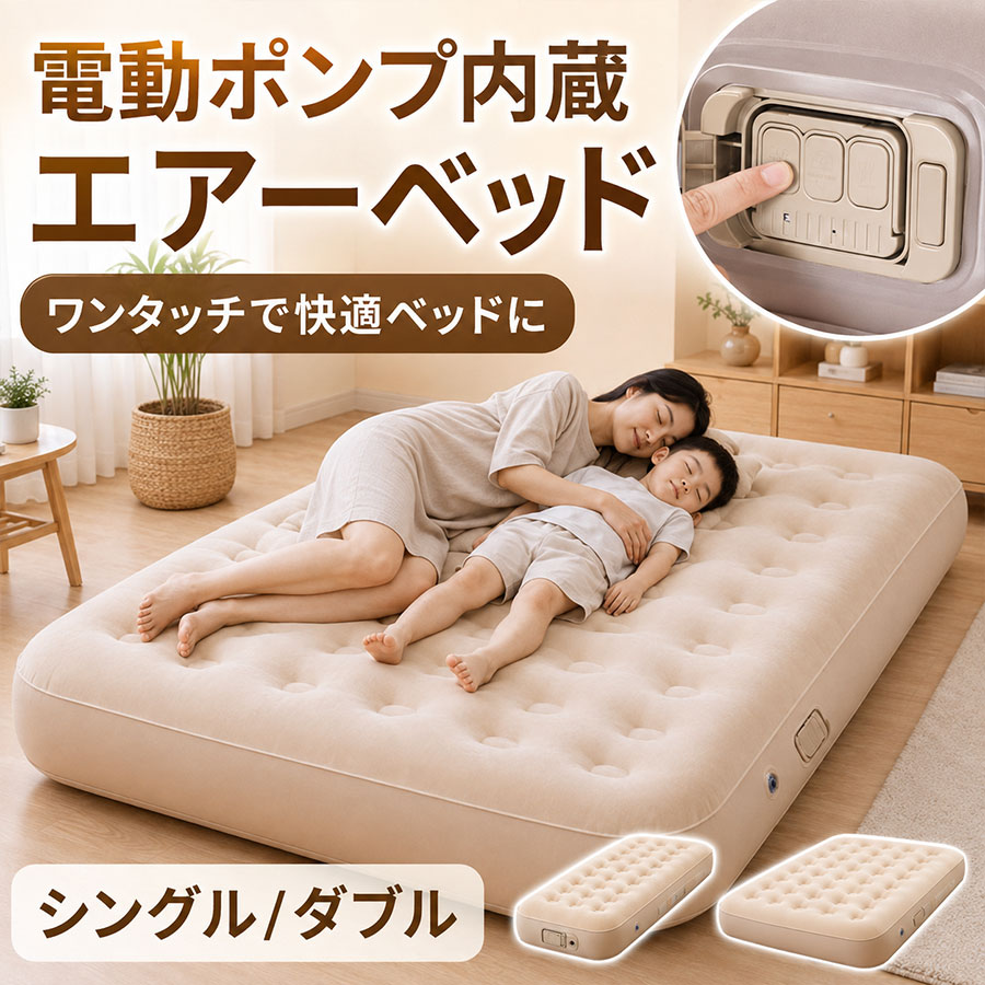 商品詳細: --------- ■商品説明 内蔵ポンプにより、スイッチ操作だけで簡単に空気の充填・排出ができ、面倒な手動での空気入れは不要です。 使わない時はコンパクトに収納でき、省スペースで保管できます。 肌触りの良い素材を採用し、耐久性...