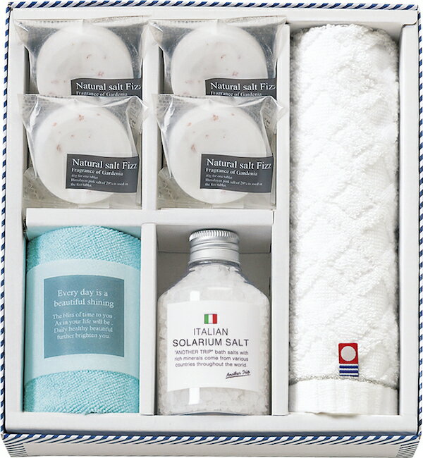 〇商品名：バスツーリスト バスソルトセット BT-831〇商品内容：バスソルト（イタリアン）海塩180g・ソルト・フィズ40g×4・マイクロファイバークロス250×250mm・今治ウォッシュタオル280×300mm〇箱サイズ(mm)：210...