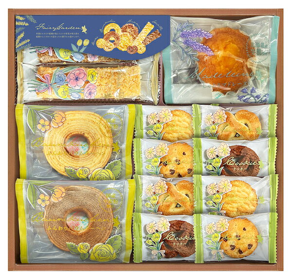 〇商品名：フェアリーガーデン ベイクドスイーツ 13 JFG-15〇商品内容：クッキー（ミルク・メープル・チョコチップ・ショコラ）×各2、スティックパイ(メープル・ショコラ）×各1、マドレーヌ(プレーン）×1、バウムクーヘン(バニラ・ココア...