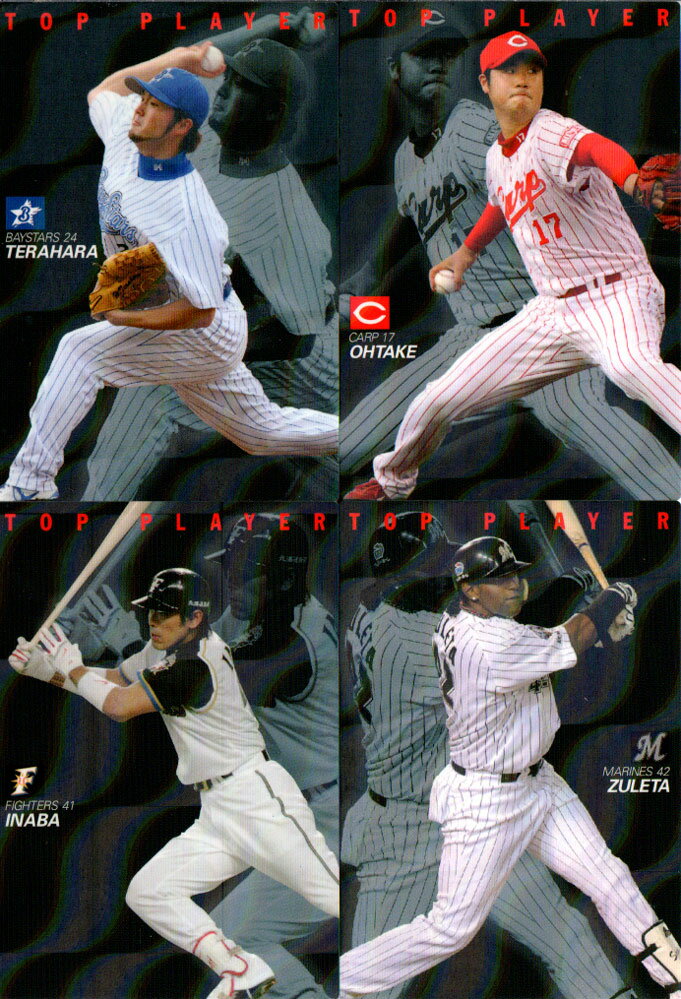 2008年カルビー発売の『プロ野球チップス』に入っているおまけカード番号は写真上段 左から右へ TP-07 寺原隼人 YB．TP-09 大竹寛 C、左下から右へ TP-14 稲葉篤紀 F．TP-16 ズレータ M写真では見にくいかもしれませ...