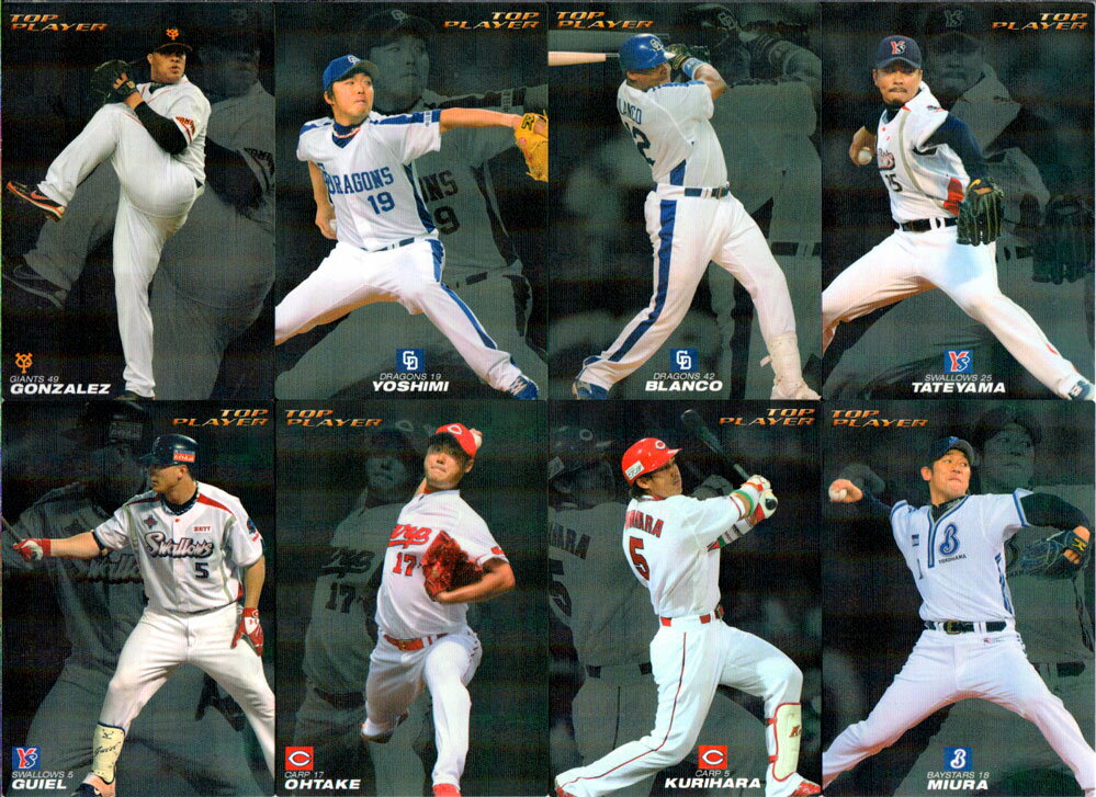 2010年カルビー発売の『プロ野球チップス』に入っているおまけカード番号は写真1枚目、上段 左から右へ TP-01 ゴンザレス G．TP-03 吉見一起 D．TP-04 ブランコ D．TP-05 館山昌平 S、下段 左から右へ TP-06 ...