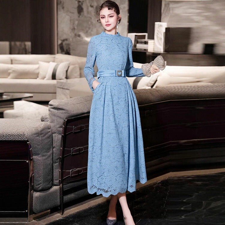 【春秋ワンピース】総レースワンピース 長袖総レースドレス 結婚式ドレス ロング丈ワンピース マキシ丈ワンピース 欧米風 華やか オフィスワンピース Aラインドレス 通勤ワンピース フォーマルドレス 上品さビジネスお呼ばれ 誕生会イベントデー...