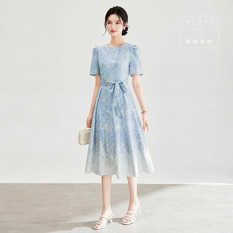 【夏ドレス】刺繍夏ワンピース ミモレ丈ひざ下丈ワンピース 結婚式ワンピース フェミニンドレス 半袖Aラインパーティードレス オフィスビジネス通勤イベント仕事用ワンピースデートディナー誕生会セレモニーワンピーススーツ フォーマルドレス 花柄刺...