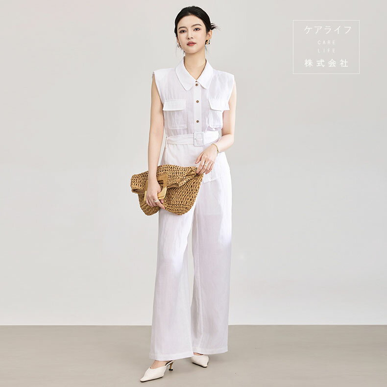 【夏パンツスーツ】レディーススーツ セパレートパンツドレス 夏セットアップ 結婚式 謝恩会 セレモニー スーツシャツ 無地ノースリーブブラウス 入園式 入学式 卒業式フォーマルリクルートスーツ ロングパンツ 長ズボン ワイドパンツ 2点セッ...