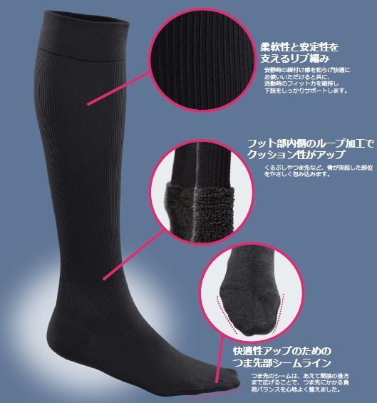 柔軟性と安定性を支えるリブ編み安静時の締付け感を和らげ快適にお使いいただけると共に、活動時のフィット力を維持し下肢をしっかりサポートします。フット部内側のループ加工でクッション性がアップくるぶしやつま先など、骨が突起した部位をやさしく包み込...