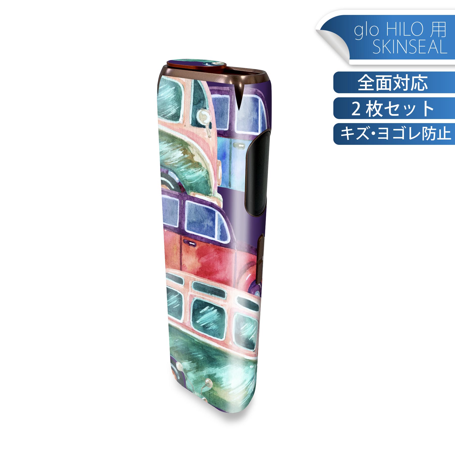 商品特徴・貼るだけでかんたん着せ替え、glo HILO 専用デザインスキンシール・高精細プリントで写真と遜色のない仕上がり！半光沢シートでしっとりツヤのある表現力・正面に加え、天面・底面シールがセットで一体感アップ！・ちょっとしたすり傷から...