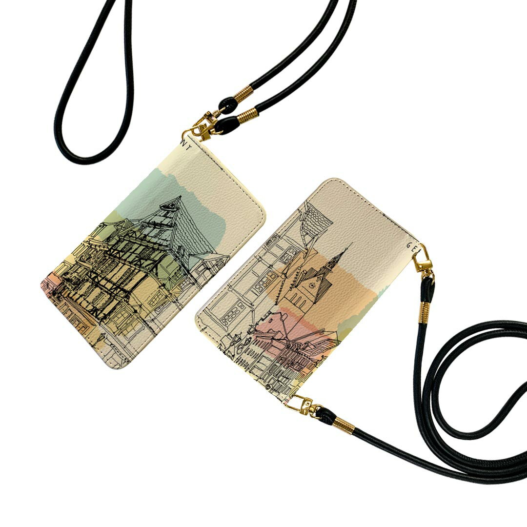 商品特徴・ショルダー付き手帳型スマホケース・シームレスな全面デザイン（内側は落ち着いたオフホワイト）・外側は高品質の人工革を使用・内側にはスマホを装着するケースが付属・機種専用のカメラホール仕様でケースを装着したままの撮影が可能・ワンセグや...