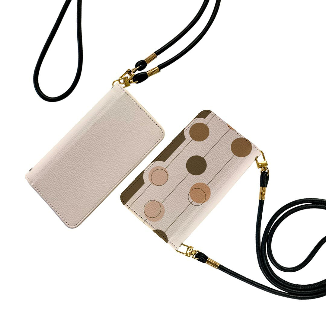 商品特徴・ショルダー付き手帳型スマホケース・シームレスな全面デザイン（内側は落ち着いたオフホワイト）・外側は高品質の人工革を使用・内側にはスマホを装着するケースが付属・機種専用のカメラホール仕様でケースを装着したままの撮影が可能・ワンセグや...