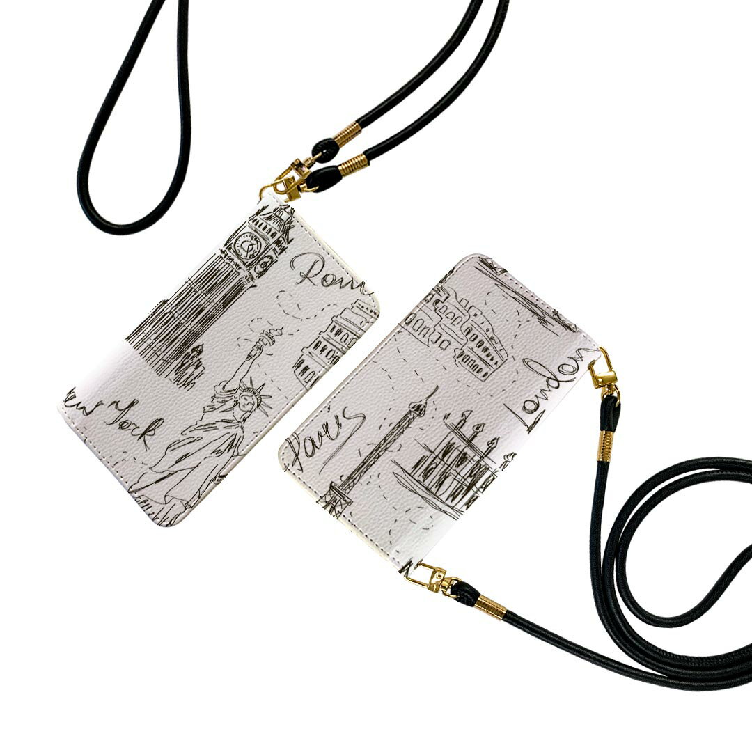 商品特徴・ショルダー付き手帳型スマホケース・シームレスな全面デザイン（内側は落ち着いたオフホワイト）・外側は高品質の人工革を使用・内側にはスマホを装着するケースが付属・機種専用のカメラホール仕様でケースを装着したままの撮影が可能・ワンセグや...