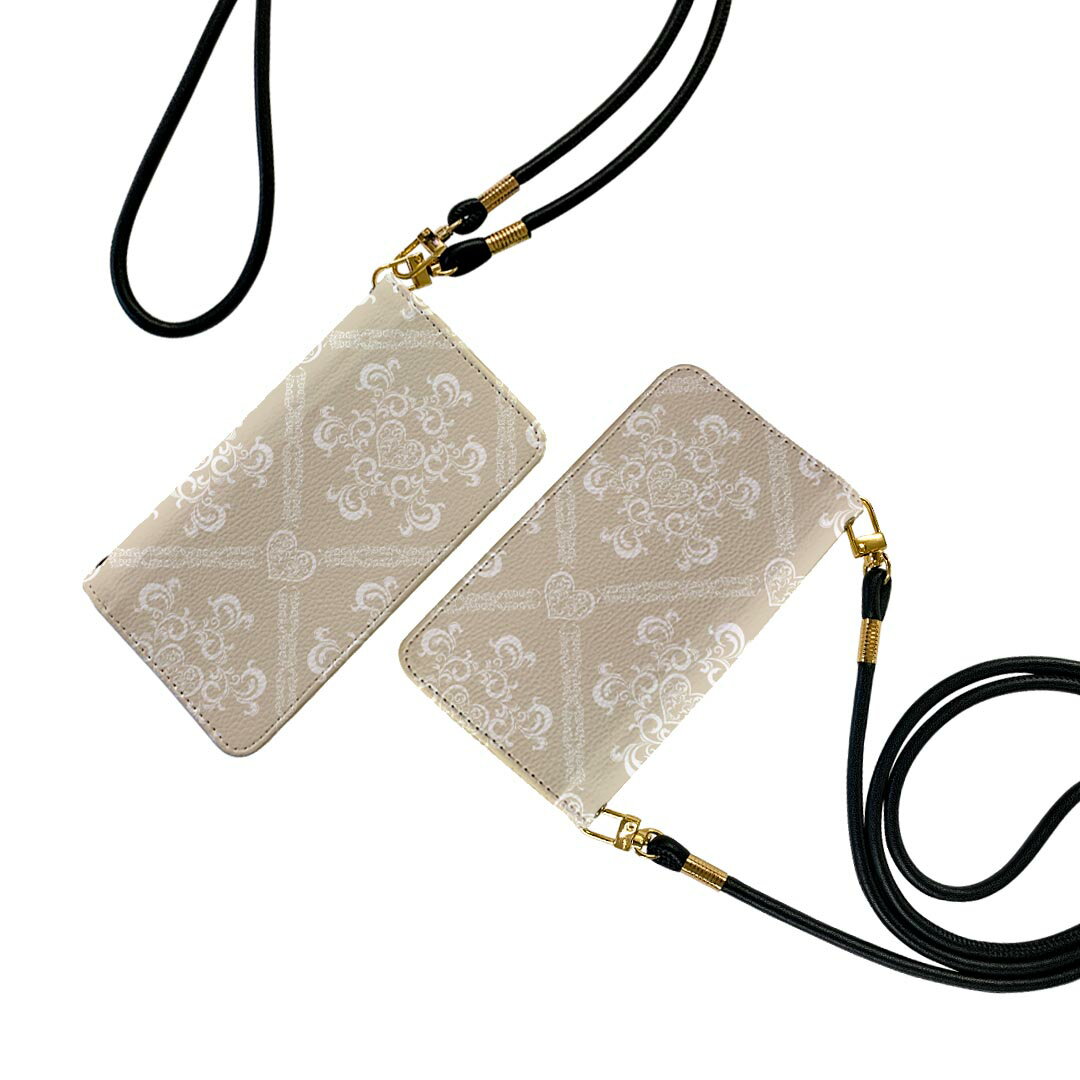 商品特徴・ショルダー付き手帳型スマホケース・シームレスな全面デザイン（内側は落ち着いたオフホワイト）・外側は高品質の人工革を使用・内側にはスマホを装着するケースが付属・機種専用のカメラホール仕様でケースを装着したままの撮影が可能・ワンセグや...