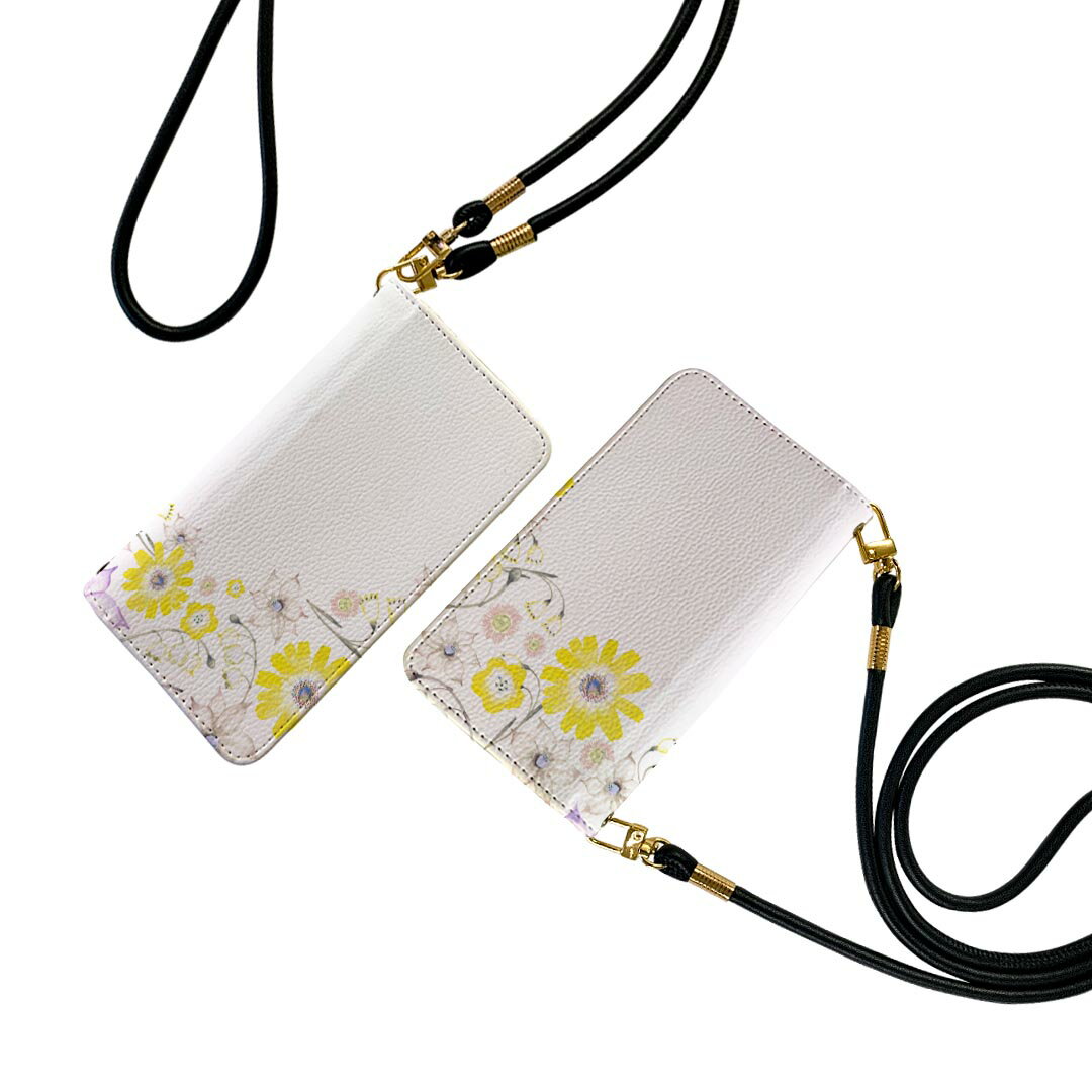 商品特徴・ショルダー付き手帳型スマホケース・シームレスな全面デザイン（内側は落ち着いたオフホワイト）・外側は高品質の人工革を使用・内側にはスマホを装着するケースが付属・機種専用のカメラホール仕様でケースを装着したままの撮影が可能・ワンセグや...