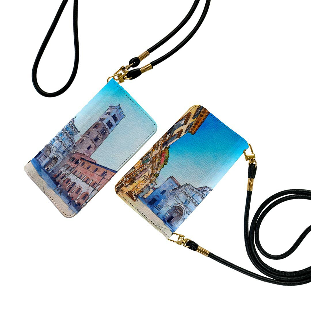 商品特徴・ショルダー付き手帳型スマホケース・シームレスな全面デザイン（内側は落ち着いたオフホワイト）・外側は高品質の人工革を使用・内側にはスマホを装着するケースが付属・機種専用のカメラホール仕様でケースを装着したままの撮影が可能・ワンセグや...