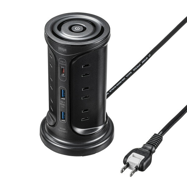 ●4方向からプラグが差し込めるAC12個口とUSB-A（2ポート）とType-C（1ポート）の充電可能なPD30W仕様タワー型電源タップです。 ●一括集中スイッチ付きなのでUSB充電ポートも含め一括でON/OF可能です。 ●底面に仮固定用フ...