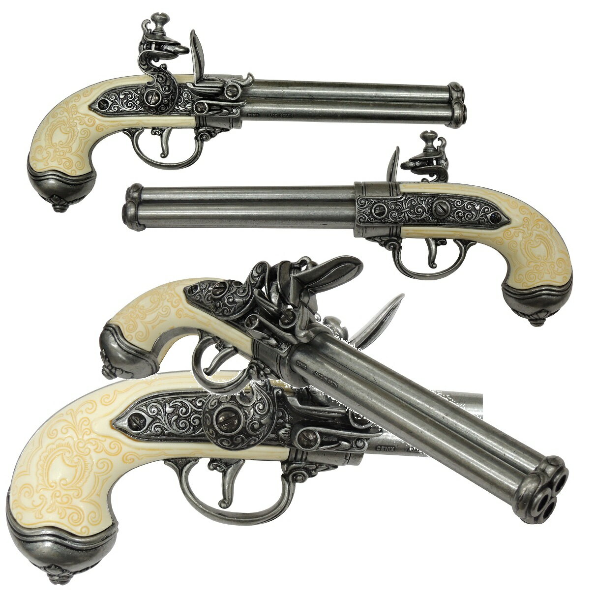 デニックス社のピストル、ライフルは装飾品として製造されていますので、トリガー、ハンマーの作動不良や故障は保証対象外となります。 装飾品としてお楽しみください。 3バレルのイタリアのフリントロック式ピストル。 1680年、ローレンツォーニによ...