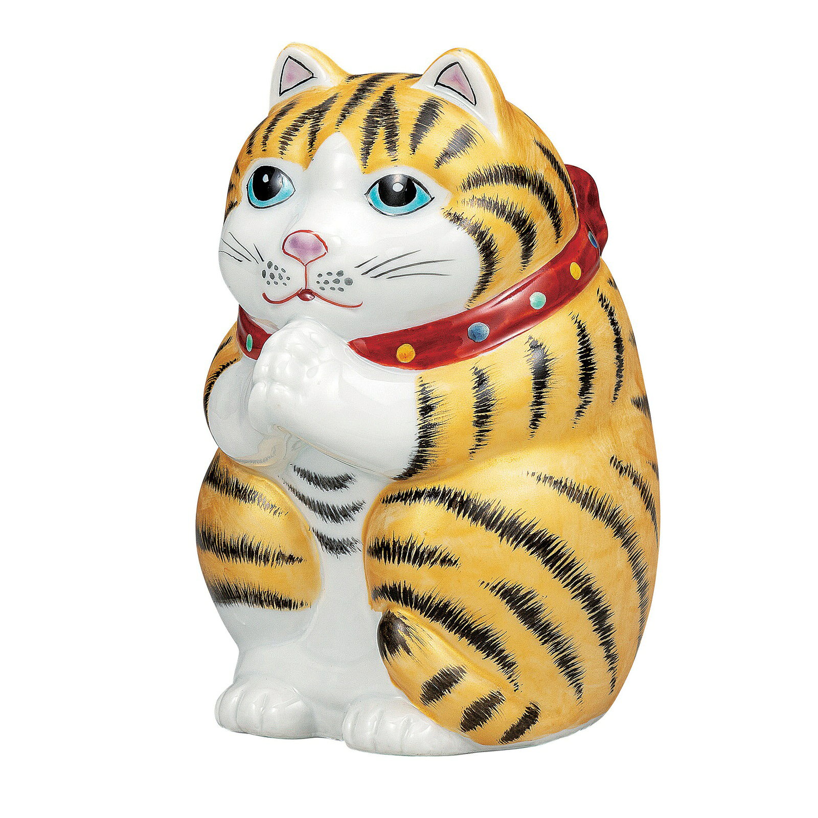 サイズ：幅10.8 奥行13 高16 (cm) ■素材：磁器 ■生産地：日本（九谷焼） 九谷焼で作られた華やかな招き猫です。「千客万来」「商売繁盛」「金運招福」「開運招福」「病を防ぐ魔除け」などの願いを込めて飾られます。 右手を挙げているも...