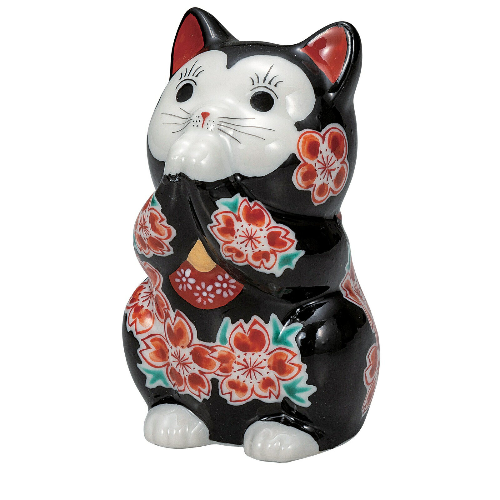 サイズ：幅7 奥行8 高11.3 (cm) ■素材：磁器 ■生産地：日本（九谷焼） 九谷焼で作られた華やかな招き猫です。「千客万来」「商売繁盛」「金運招福」「開運招福」「病を防ぐ魔除け」などの願いを込めて飾られます。 右手を挙げているものは...