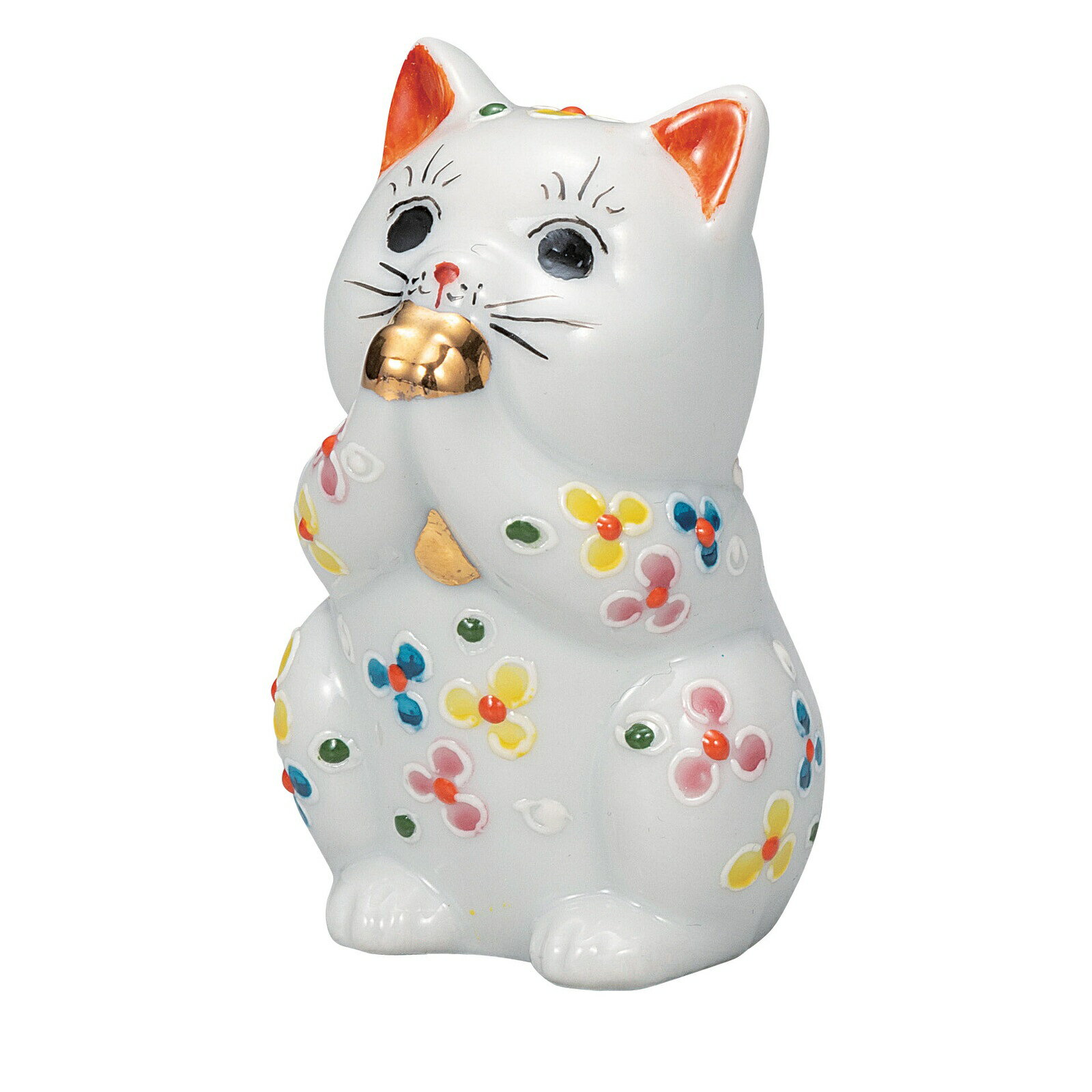 サイズ：幅5 奥行5.5 高8.2 (cm) ■素材：磁器 ■生産地：日本（九谷焼） 九谷焼で作られた華やかな招き猫です。「千客万来」「商売繁盛」「金運招福」「開運招福」「病を防ぐ魔除け」などの願いを込めて飾られます。 右手を挙げているもの...