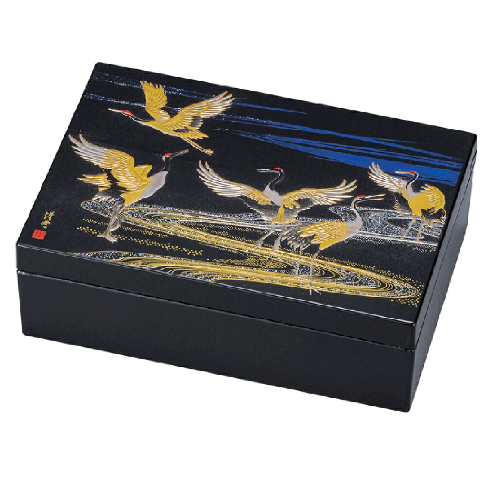 山中漆器　雅鶴　アクセサリーBOX 五羽の鶴が優雅に舞踊る姿の美しい逸品。 職人の技術によって生み出された繊細な盛り蒔絵で、羽の一枚一枚に至るまで立体的に仕上げられています。 仕切りの無いタイプですので、アクセサリー類はもちろん、様々な小物...