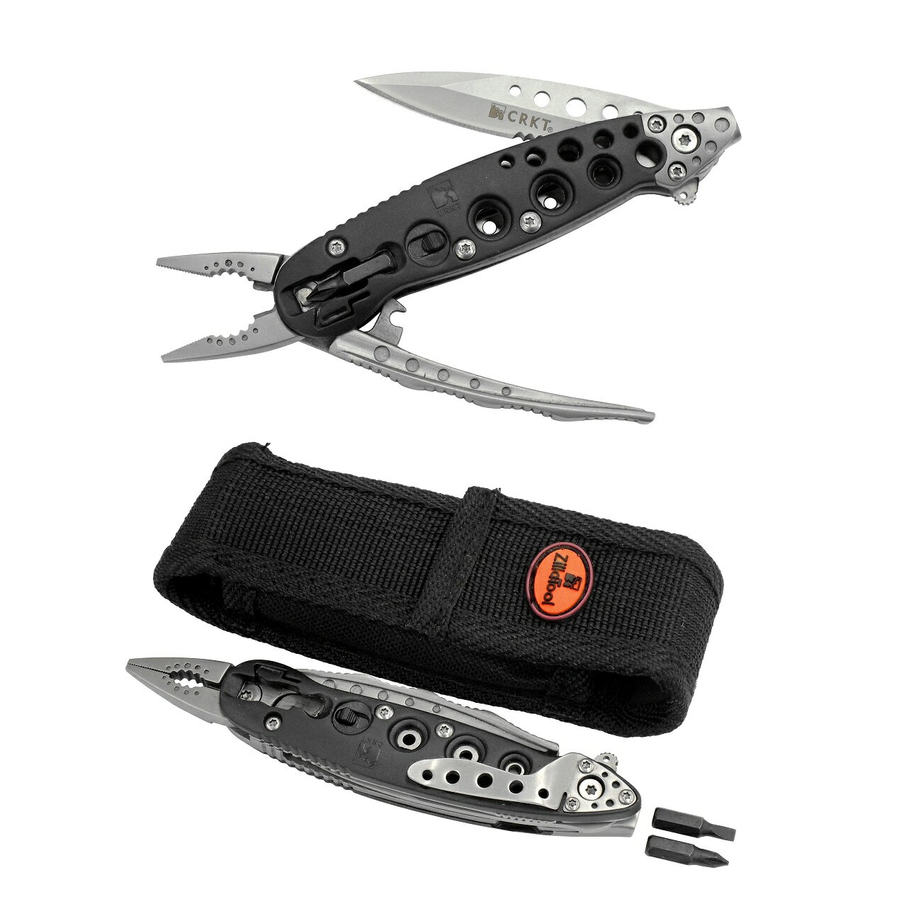 ●機能：半波刃ナイフ(60mm)、 ビットドライバー（+/-)、六角レンチ、プライヤー（ワイヤーカッター付）、栓抜き、クリップ ●材質：本体/グラスフィールドナイロン　ナイフ／2CR13 ●ナイフ：本体下部のフリッパーを強く押します。安全ロ...