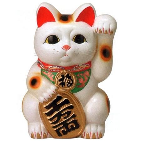 ■別売り座布団はこちら　 開運招き猫。 常滑焼の縁起置物・貯金箱です。 白い猫は『福招く者』として、 右手を上げる猫は『お金を招く者』として 左手を上げる猫は『お客を招く者』として 昔から縁起がいいものとされています。 サイズ：(10号)高...