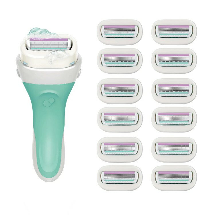 カミソリハンドル 1 本、カートリッジ 13 個交換が簡単な4枚刃カートリッジ切り傷や切り傷を最小限に抑えます泡立てとシェービングがワンステップで簡単スタンドアップキャップでシャワーでの収納が簡単