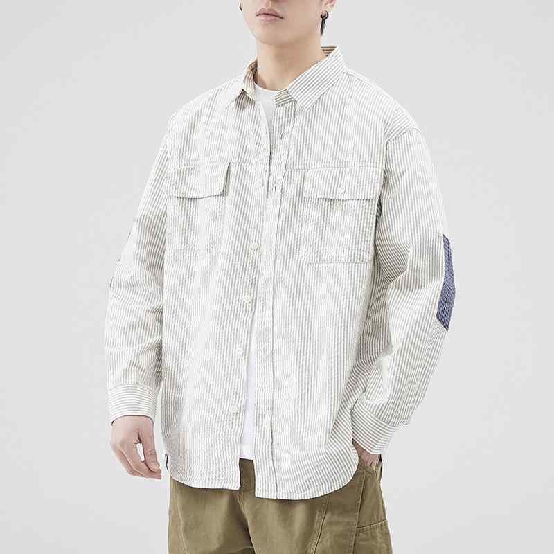 ・素材: ポリエステル81-90%・糸番手: 100s・スタイル: アメリカンレトロ・タイプ: 開襟・シルエット: ルーズ・襟型: ラペル・袖丈: 長袖・柄: ストライプ・詳細: ポケット・シーン: カジュアル・カラー: オフホワイト,ロイ...