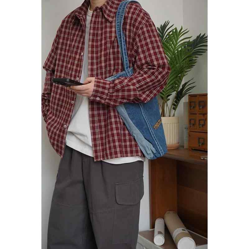 ・スタイル: 韓国風・タイプ: 開襟・フィット: ルーズ・襟: ラペル・袖丈: 長袖・柄: チェック・ディテール: ポケット・主素材: ポリエステル96%以上・用途: カジュアル・カラー: 赤・サイズ: M,L,XL,2XL・加工: ノーア...