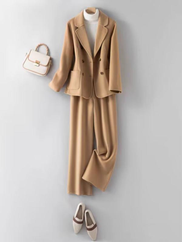 ・素材: ウール95%以上・カラー: キャメル・サイズ: S,M,L,XL・袖丈: 長袖・袖型: 通常袖・対象性別: 女性・対象年齢層: 中高年・上着スタイル: スーツ・パンツ丈: ロング・セットスタイル: パンツセット・スタイル: ・加工...