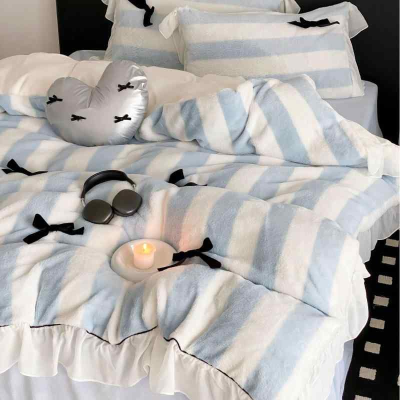 ・素材: ラビットフランネル・パターン: ストライプ・スタイル: ベッドシーツ式・柄: ラビットフランネル-白・サイズ: 1.2mベッドシーツ3点セット（掛け布団カバー150×200cm）,1.5mベッドシーツ（掛け布団カバー200×230...