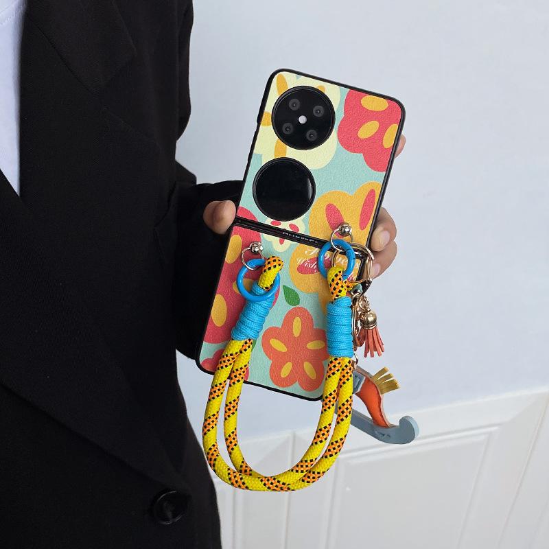 ・素材: 合成皮革・款式: レザーケース・装飾: チェーン・加工: マット・色: 花柄、オレンジ、イエロー・対応モデル: Huawei Pocket 2・スタイル: シンプル・機能: 耐衝撃